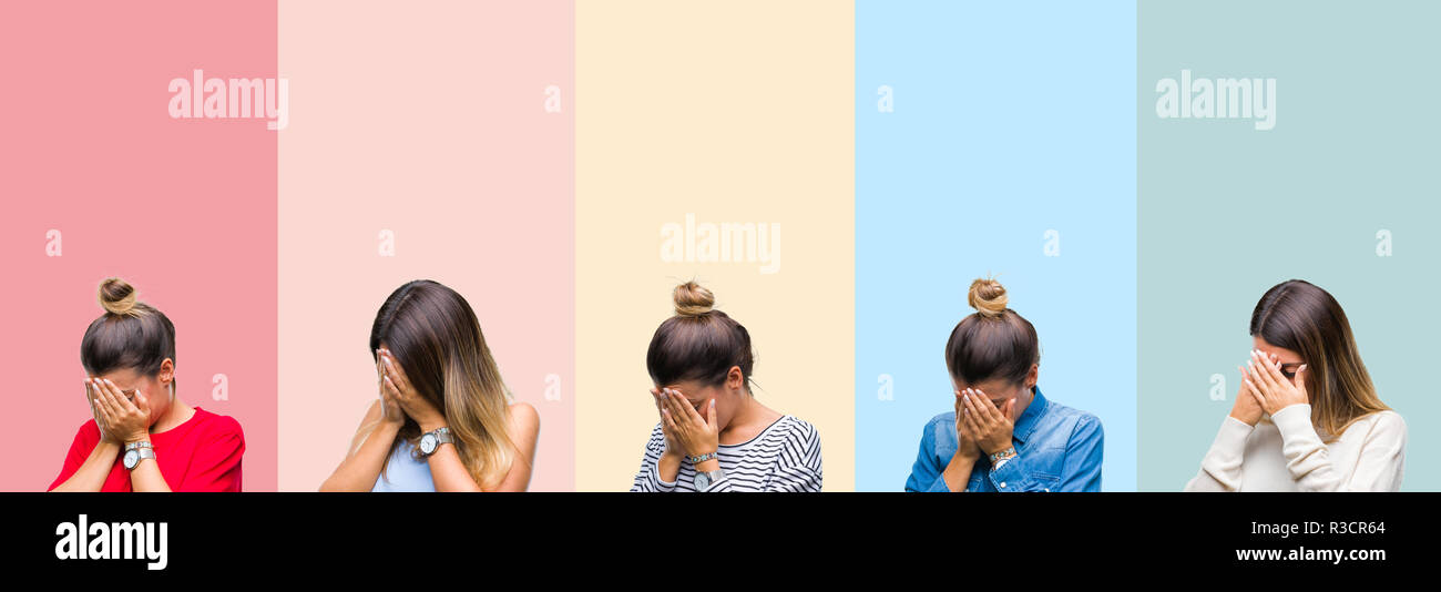 Collage of young beautiful woman over colorful vintage stripes isolated ...