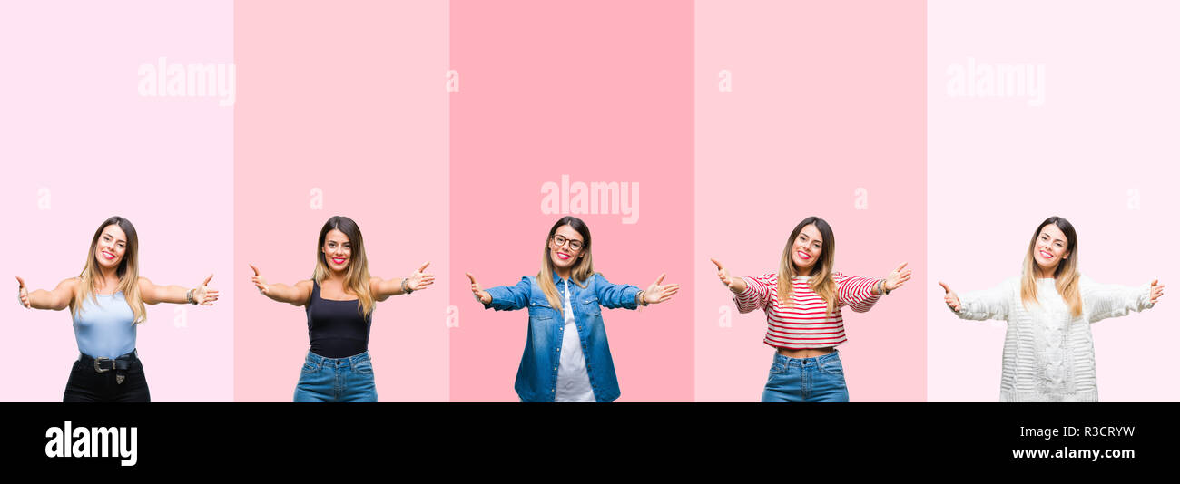 Collage of young beautiful woman over pink stripes isolated background ...