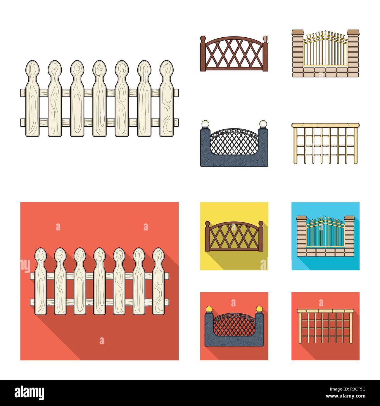 A fence of metal and bricks,wooden palisade. A different fence set ...