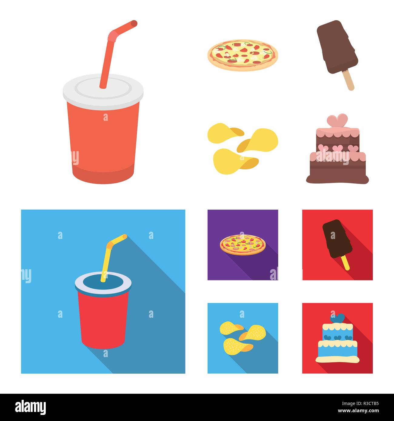 Cola, pizza, ice cream, chips.Fast food set collection icons in cartoon ...