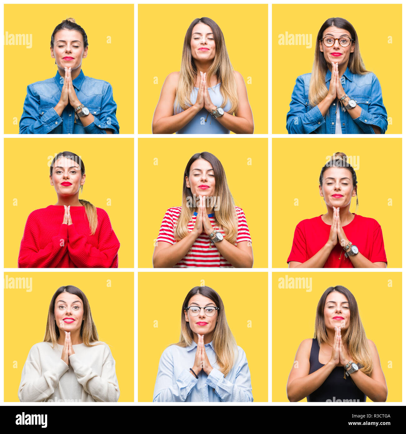 Collage of young beautiful woman over yellow isolated background ...