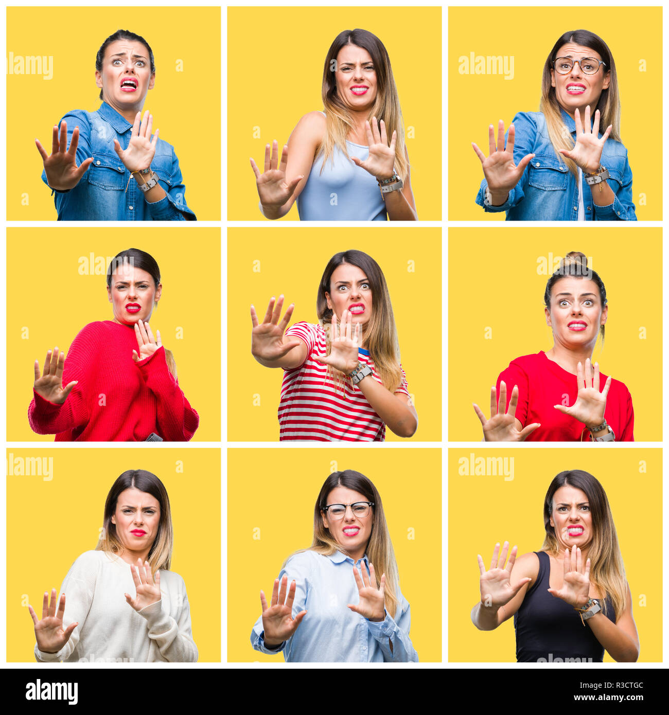 Collage of young beautiful woman over yellow isolated background afraid ...