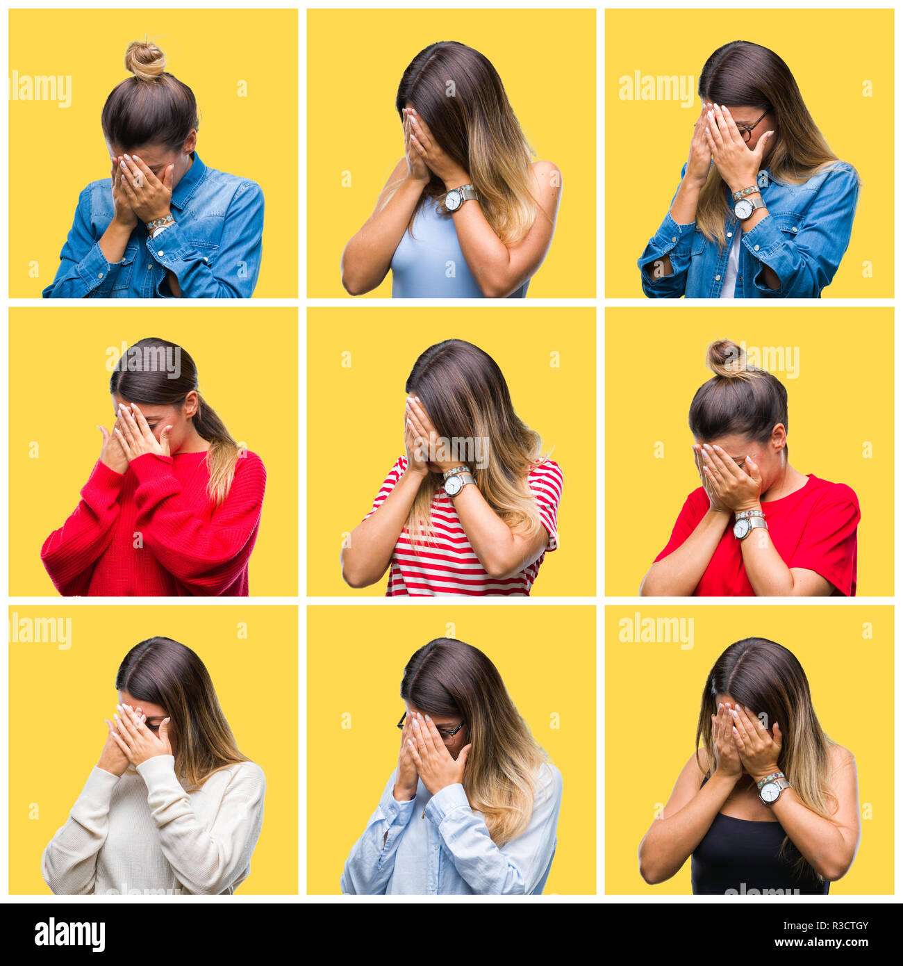 Collage of young beautiful woman over yellow isolated background with ...