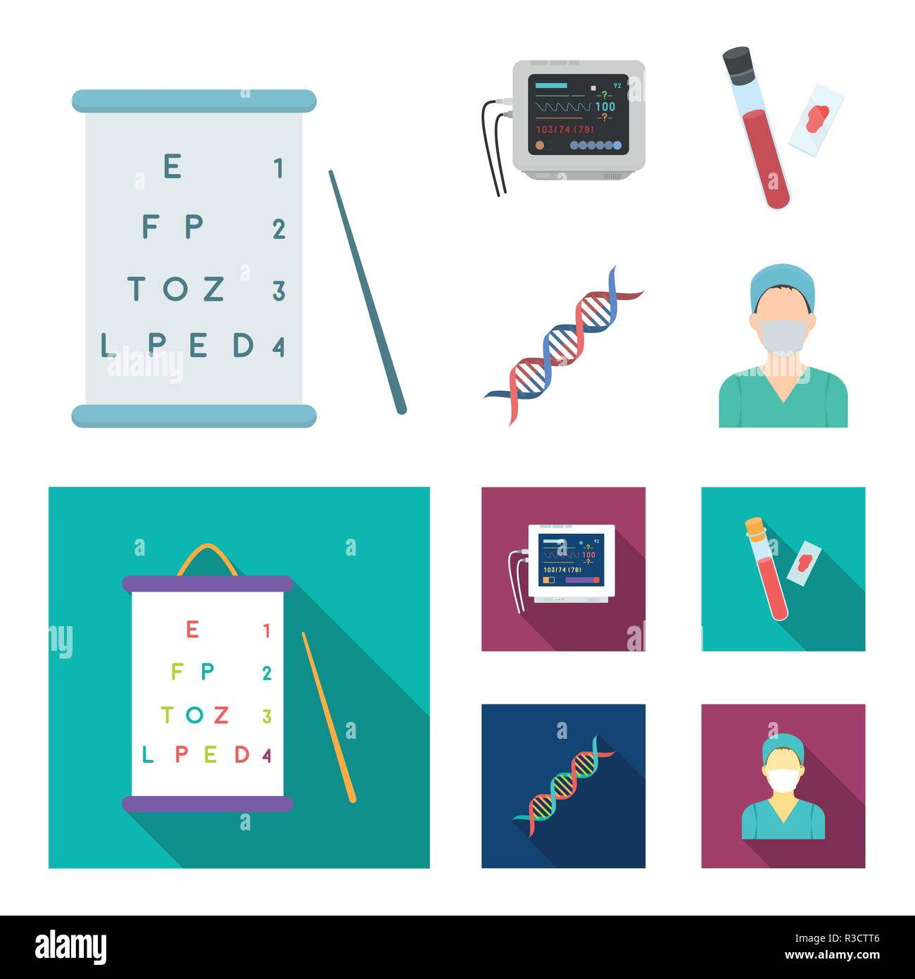 A table of vision tests, a blood test, a DNA code, an ECG apparatus ...