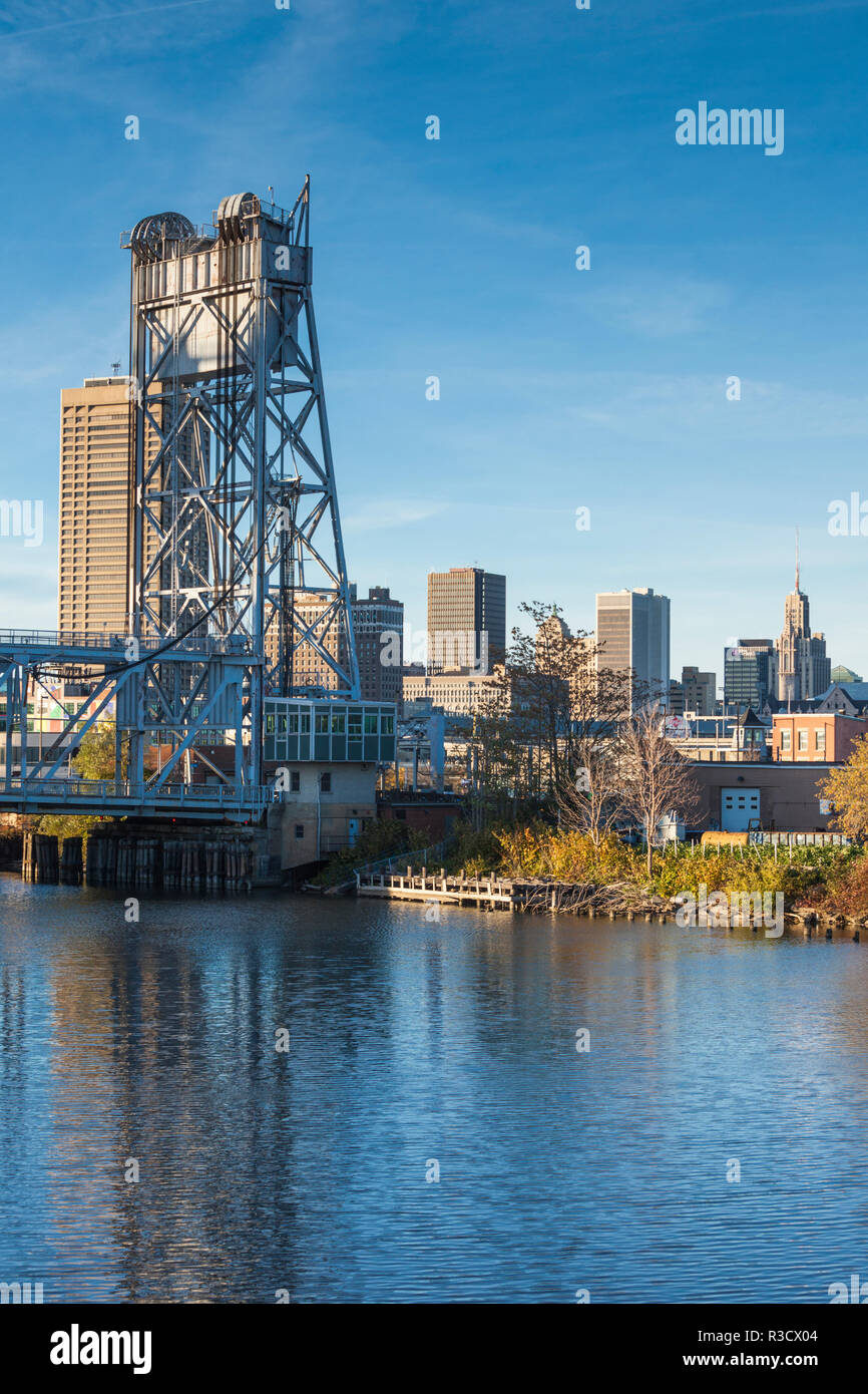 USA, Western New York, Buffalo, skyline and Michigan Avenue Bridge ...
