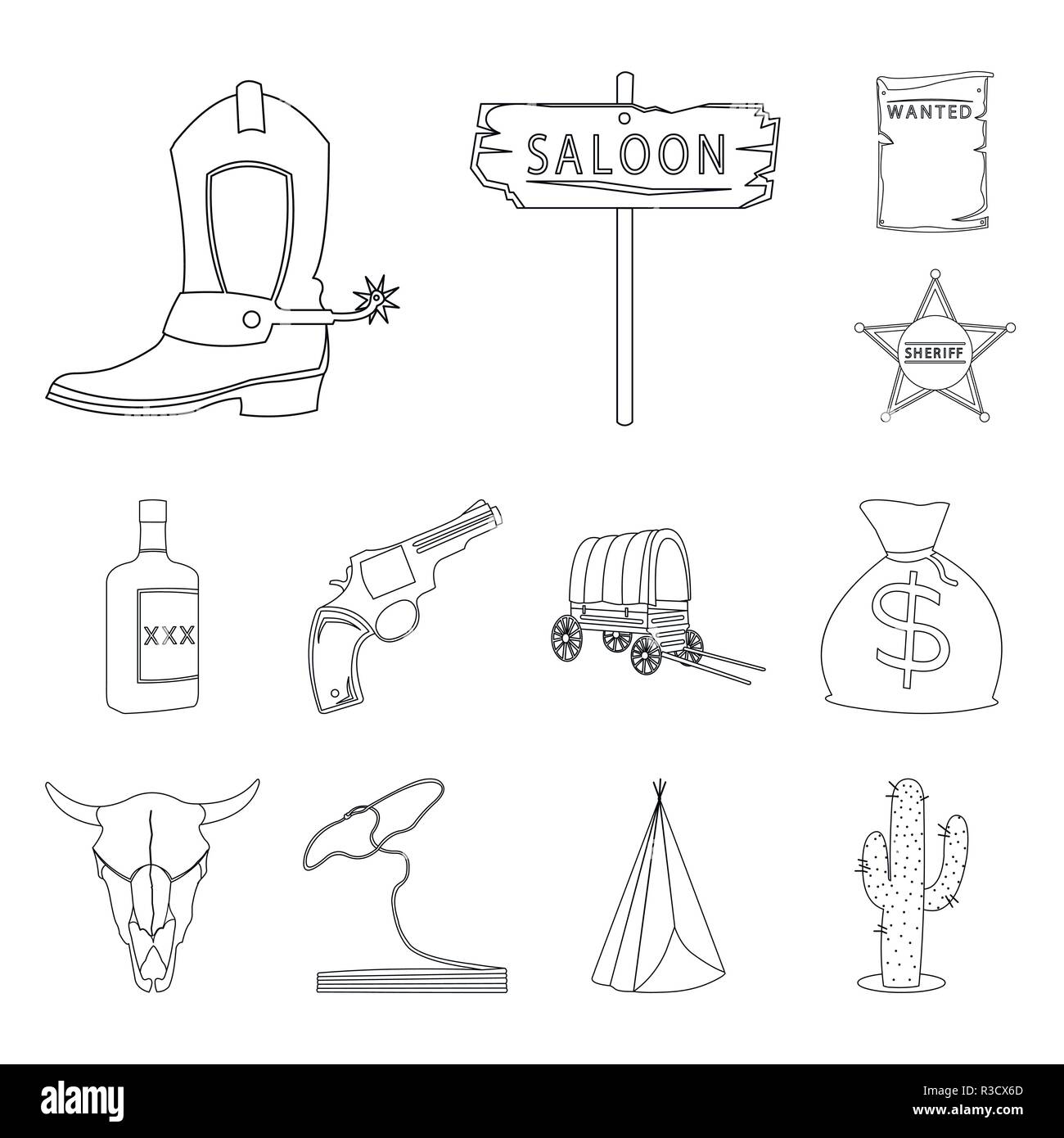 Attributes of the wild west outline icons in set collection for design ...