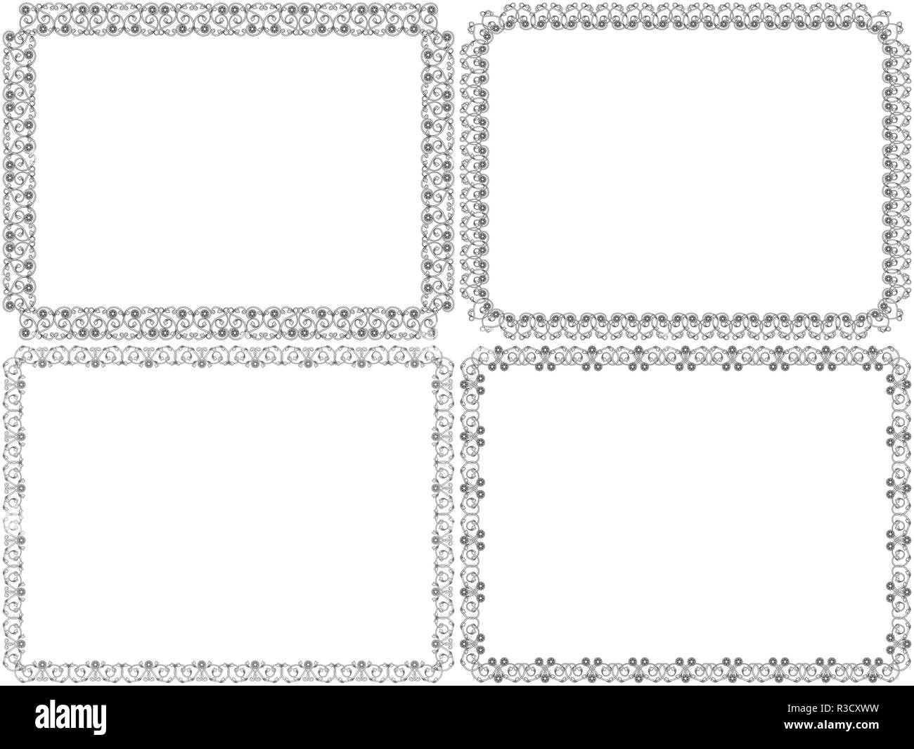 Set of four black decorative flower frames with interlaced lines ...