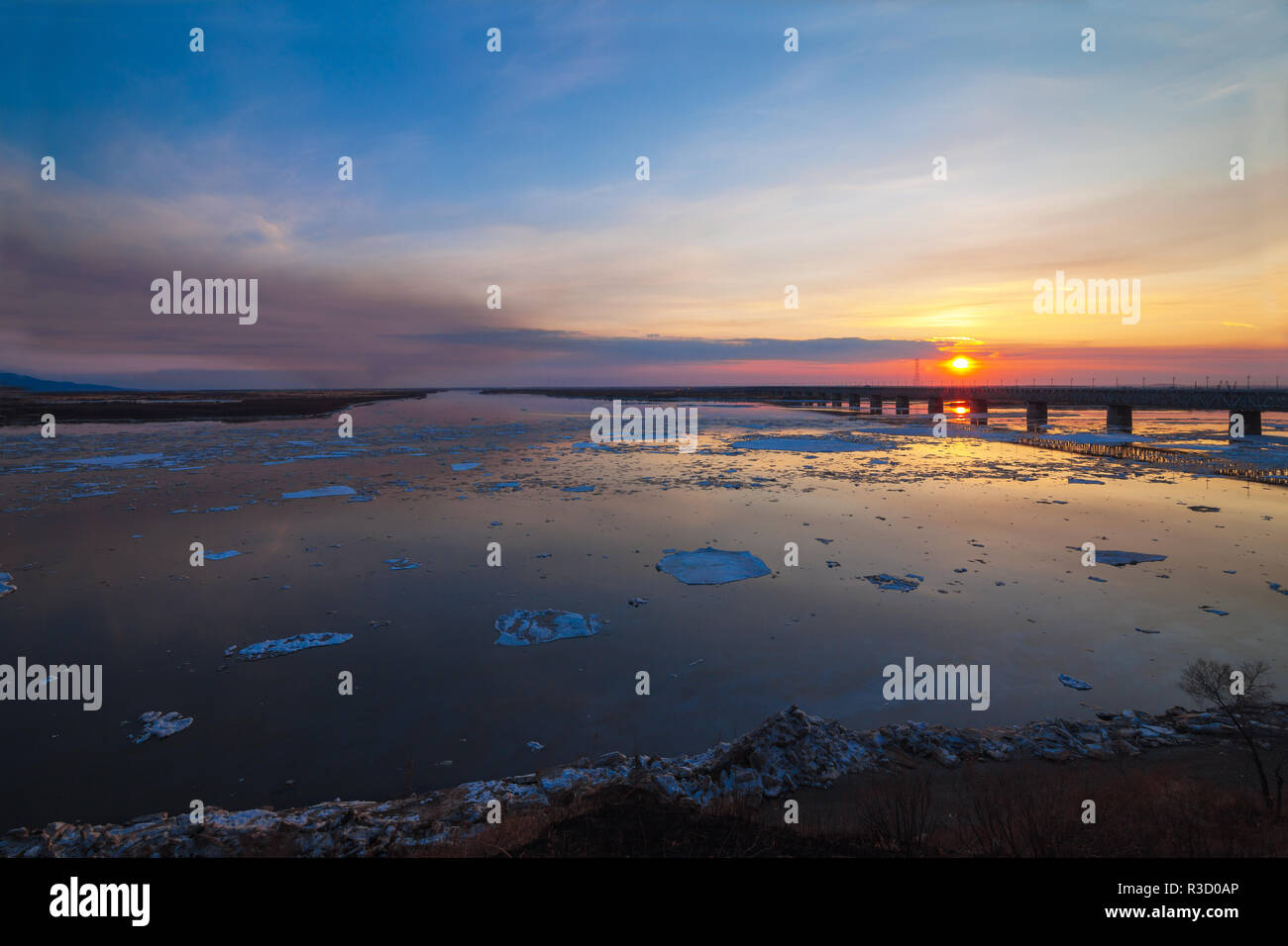 Floating of ice in spring on Amur river in Khabarovsk, Russia Stock ...