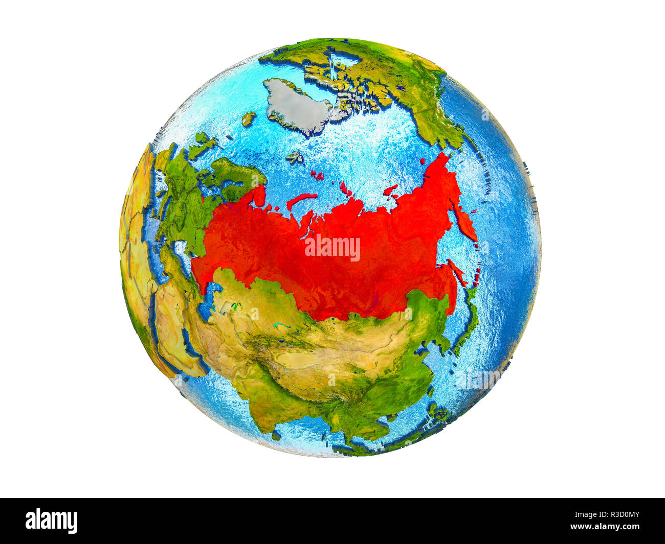 Russia on 3D model of Earth with country borders and water in oceans ...