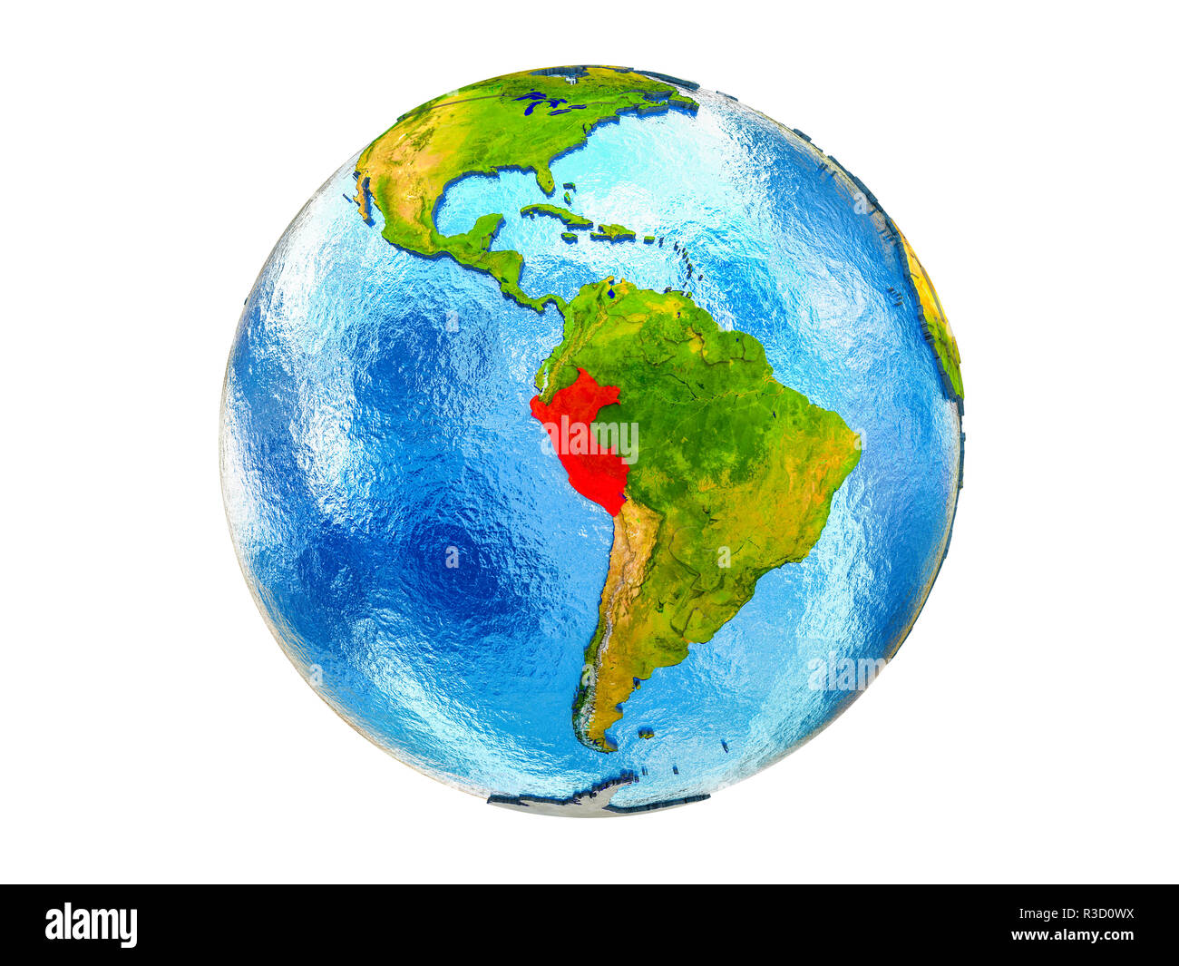Peru on 3D model of Earth with country borders and water in oceans. 3D ...