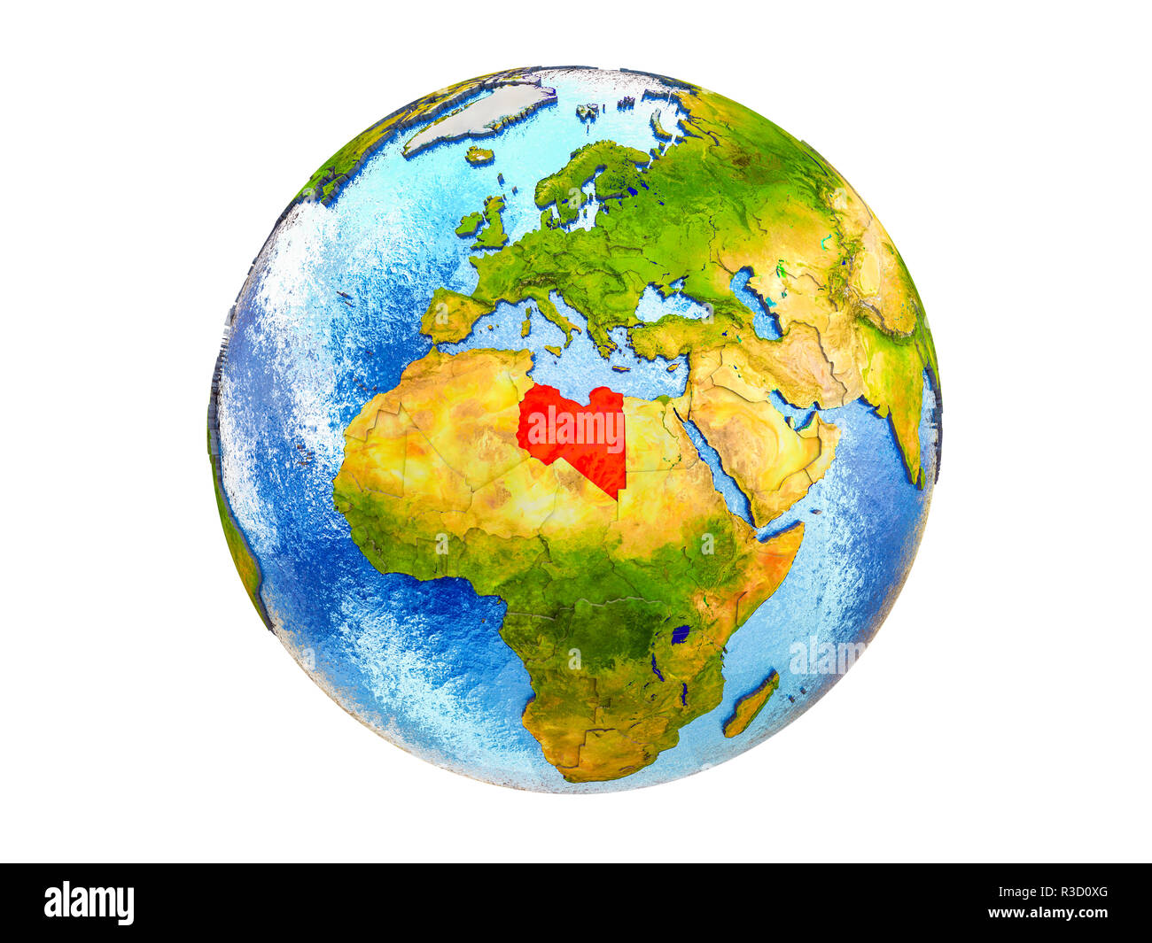 Libya on 3D model of Earth with country borders and water in oceans. 3D ...