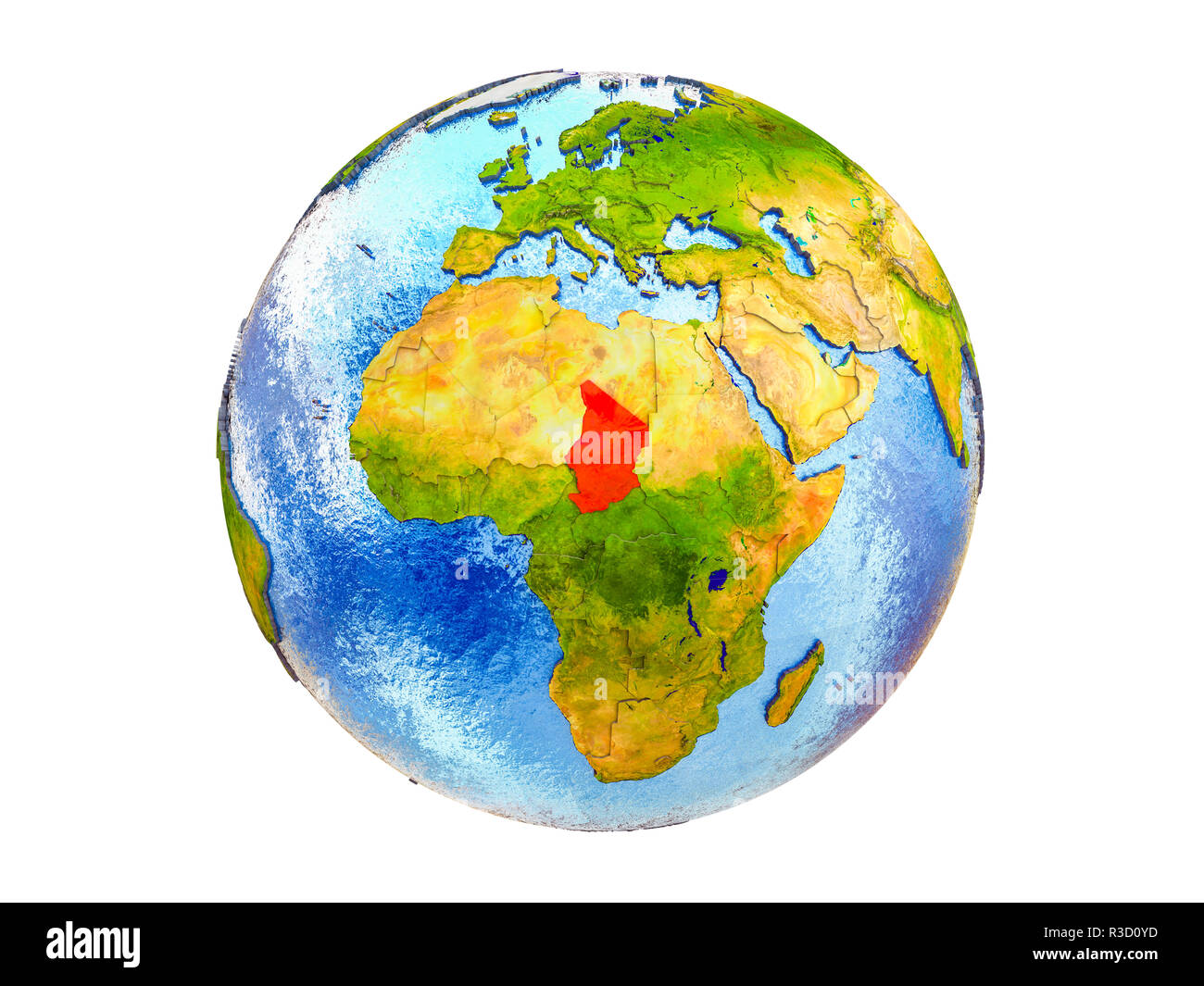 Chad on 3D model of Earth with country borders and water in oceans. 3D ...