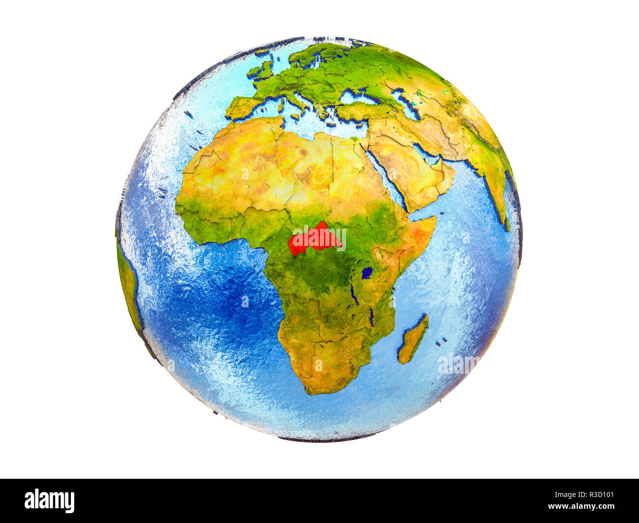 Central Africa on 3D model of Earth with country borders and water in ...