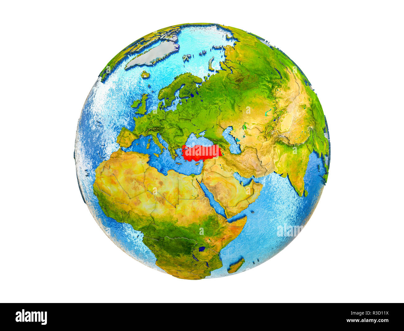 Turkey on 3D model of Earth with country borders and water in oceans ...