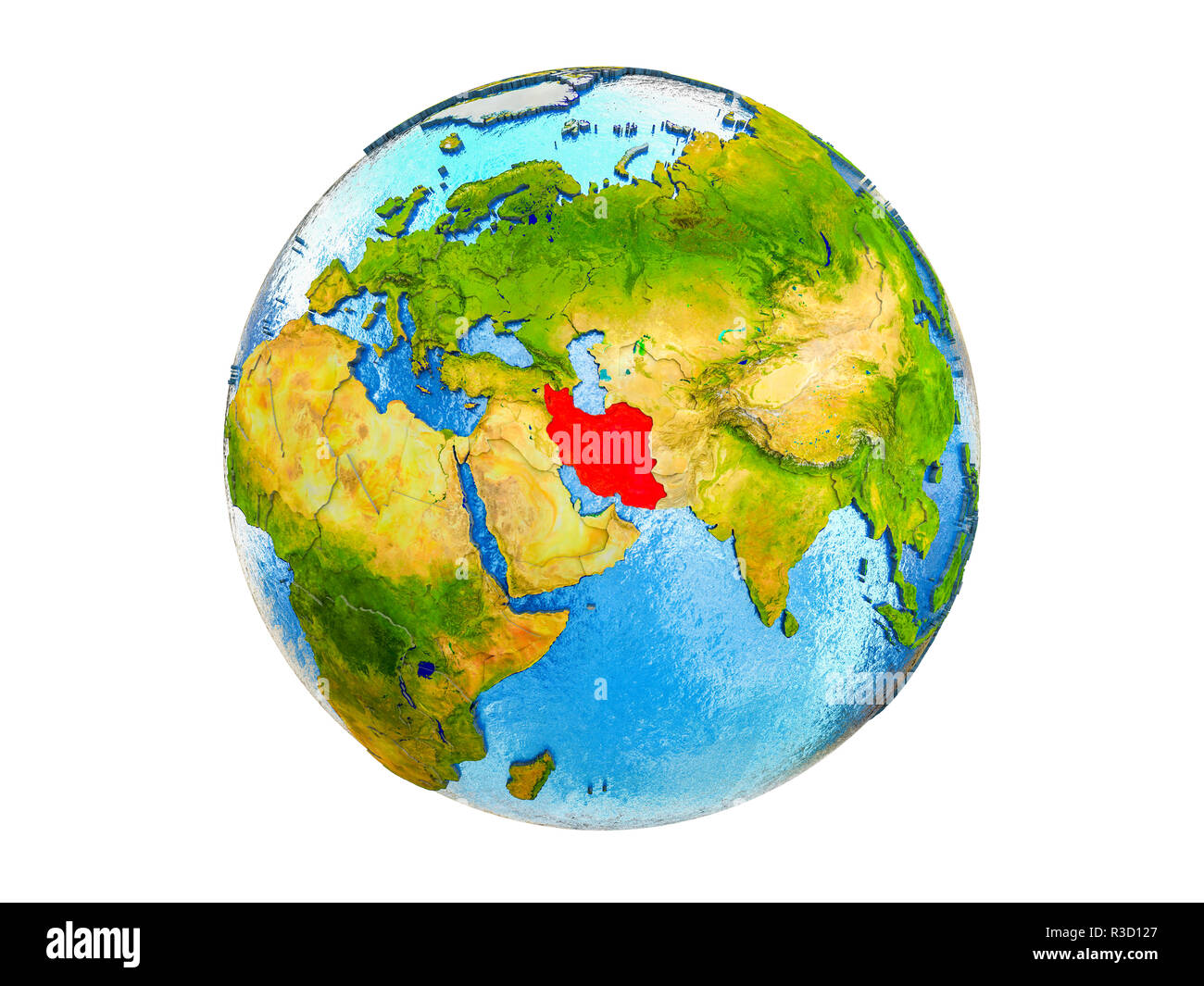 Iran on 3D model of Earth with country borders and water in oceans. 3D ...