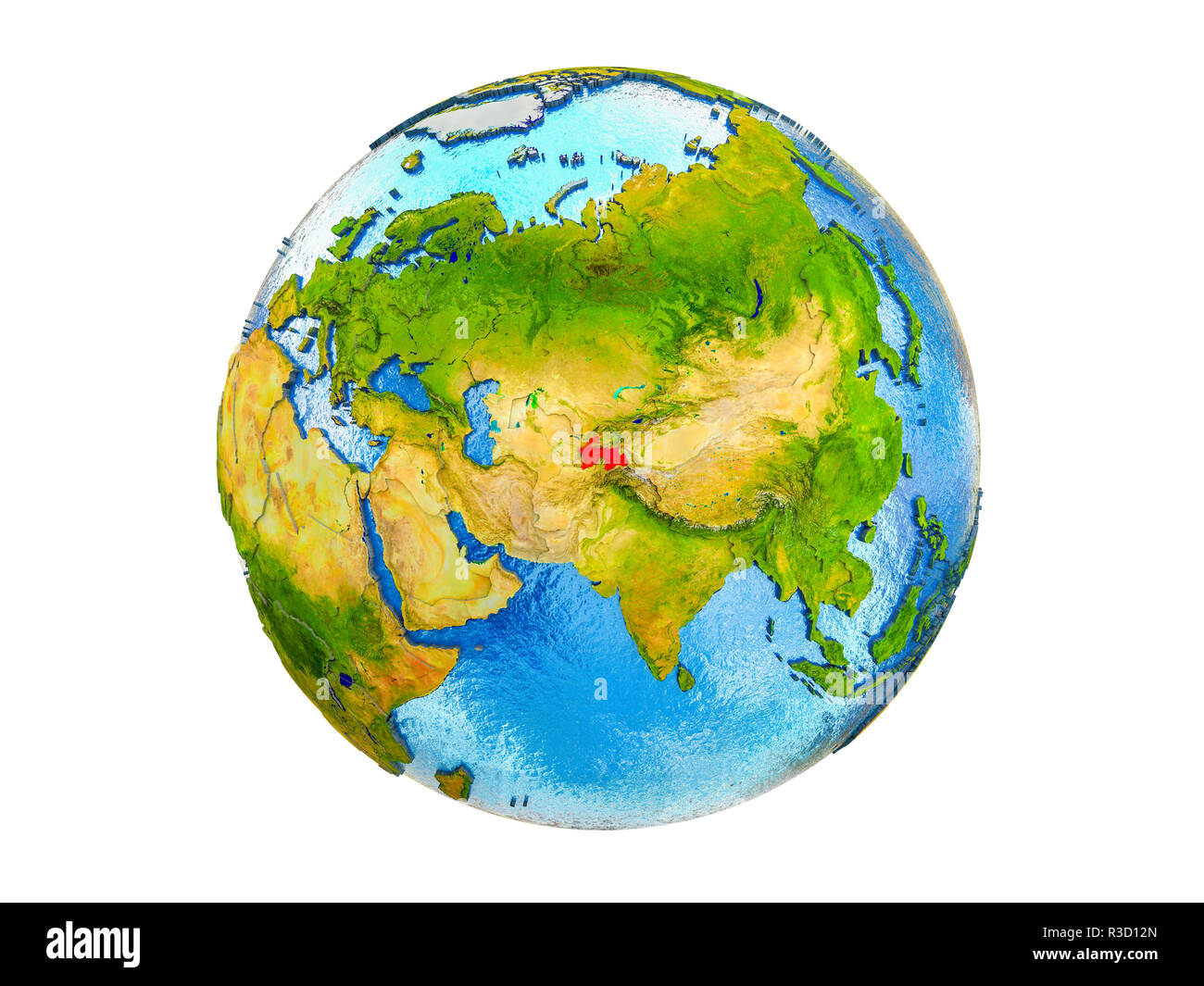 Tajikistan on 3D model of Earth with country borders and water in ...