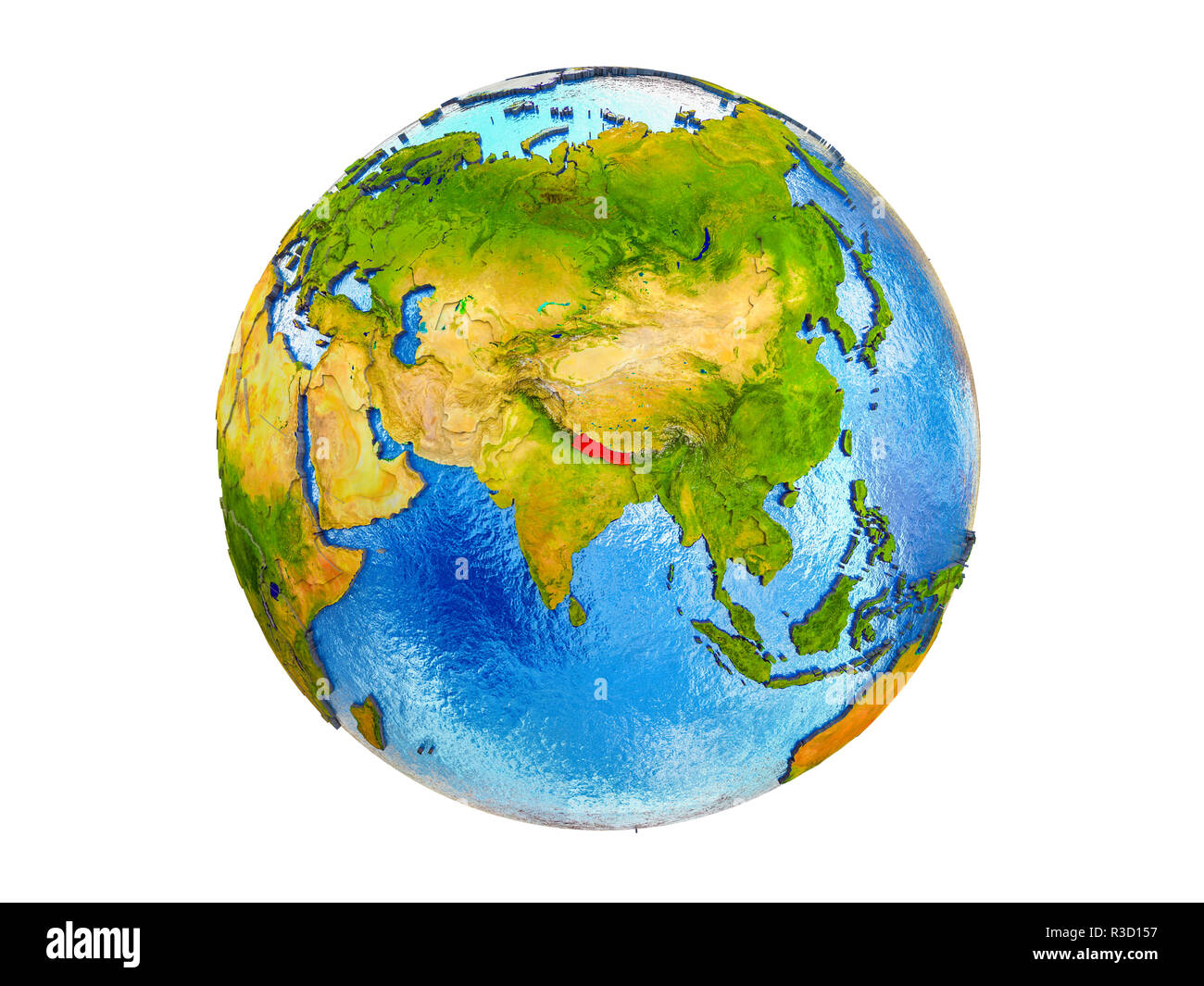 Nepal on 3D model of Earth with country borders and water in oceans. 3D ...