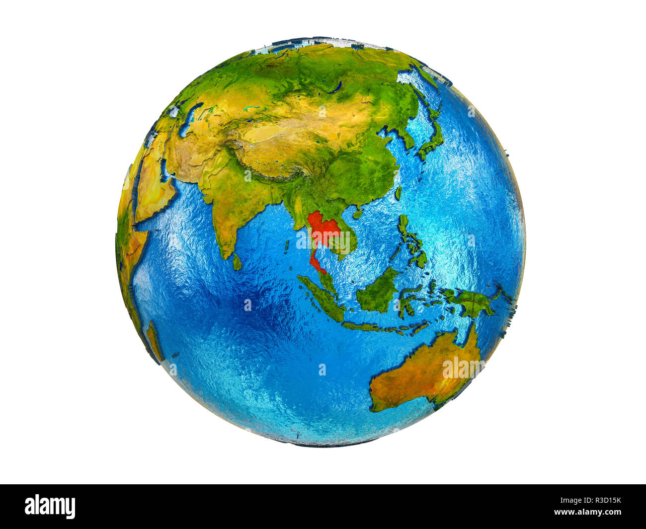 Thailand on 3D model of Earth with country borders and water in oceans ...