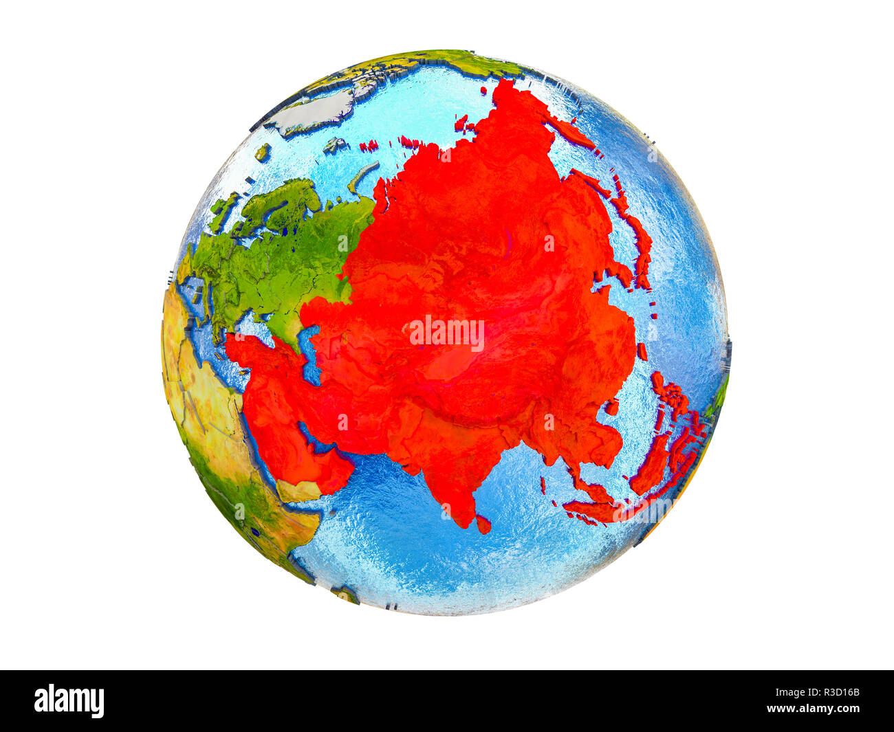Asia on 3D model of Earth with country borders and water in oceans. 3D ...
