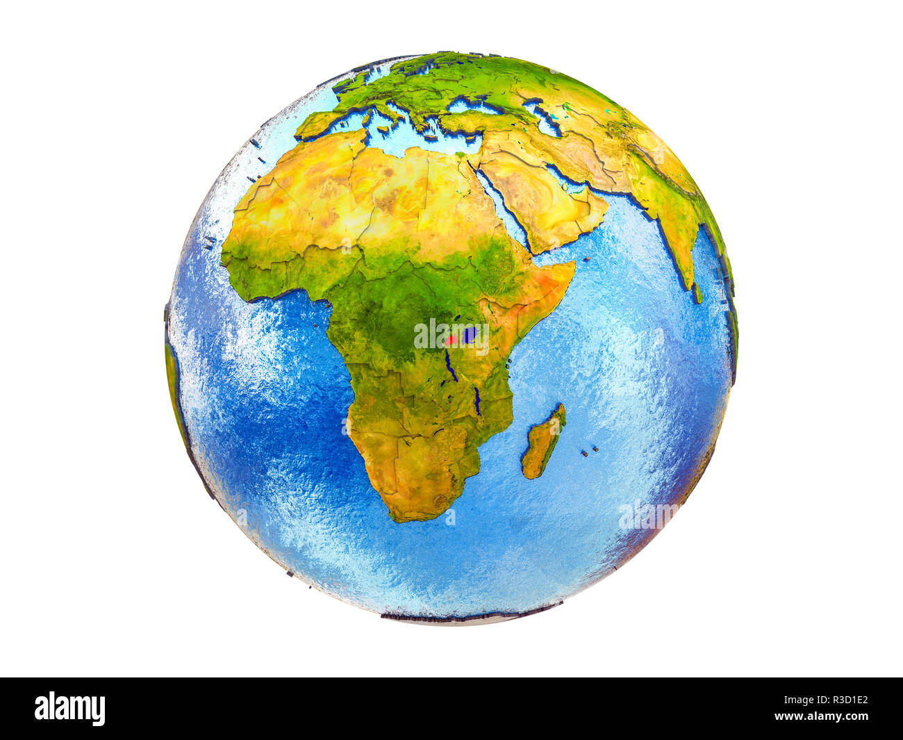 Rwanda on 3D model of Earth with country borders and water in oceans ...