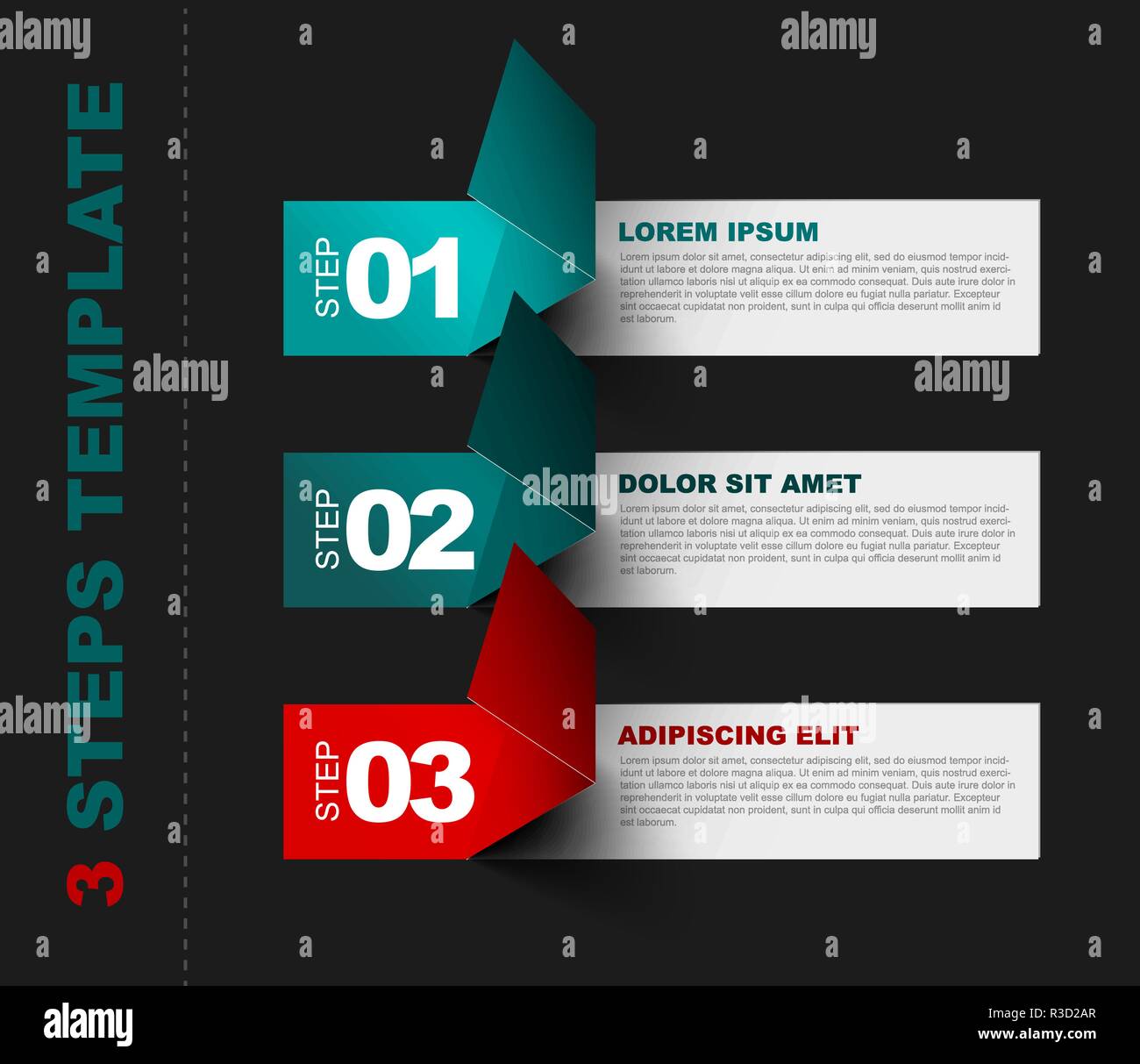 Vector Paper Progress template with three steps - teal and red dark ...