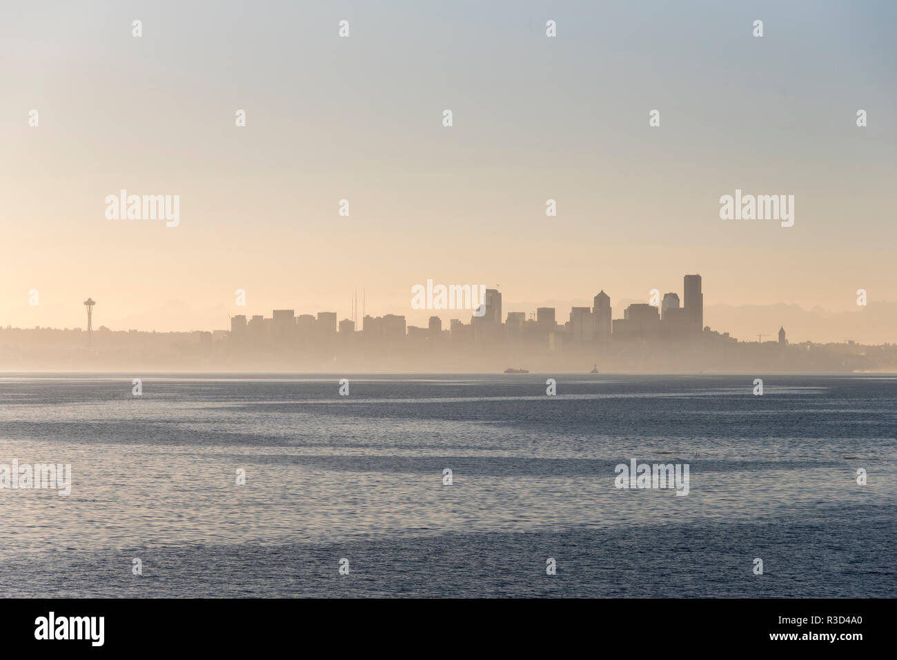 USA, WA. Morning fog Seattle. Calm Puget Sound. Variety of boat traffic ...