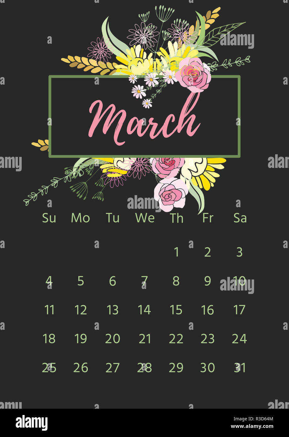 Vintage floral calendar 2018 with bouquet of flowers. illustration ...