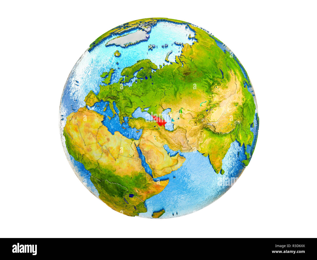 Caucasus region on 3D model of Earth with country borders and water in ...
