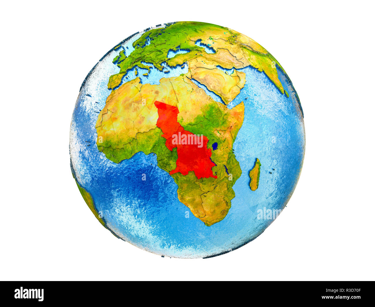 Central Africa on 3D model of Earth with country borders and water in ...