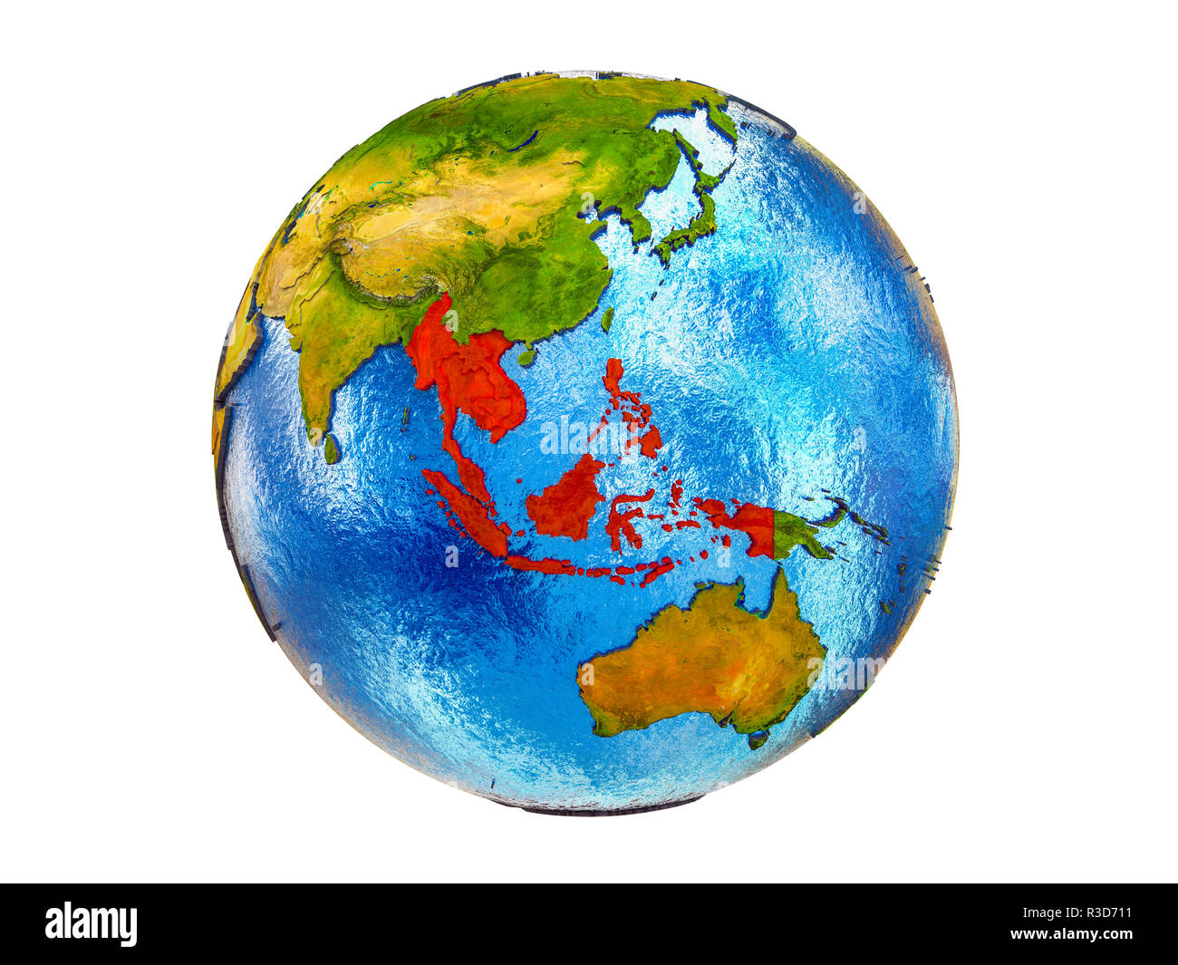 South East Asia on 3D model of Earth with country borders and water in ...