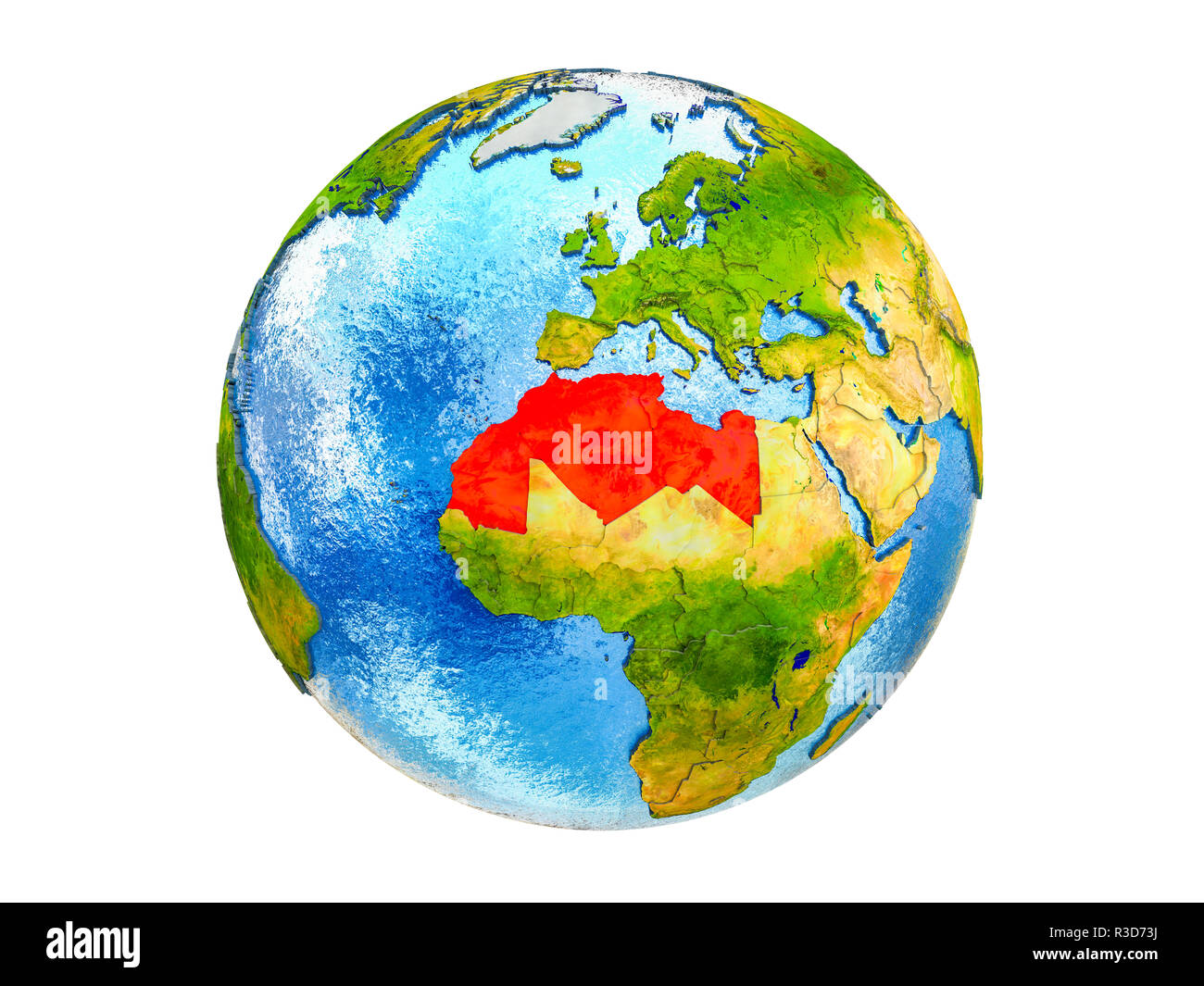 Maghreb region on 3D model of Earth with country borders and water in ...