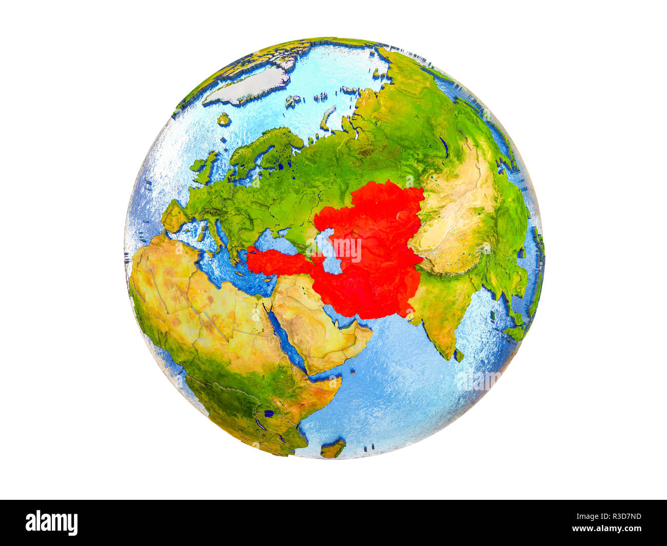 ECO member states on 3D model of Earth with country borders and water ...