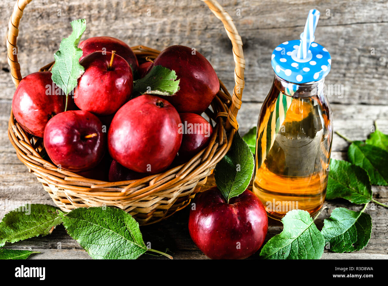 Red apple juice on table, healthy detox drink with vitamins, organic ...