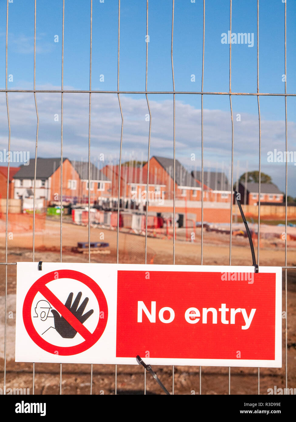 No Entry warning sign fitted on security fence at a building site in ...