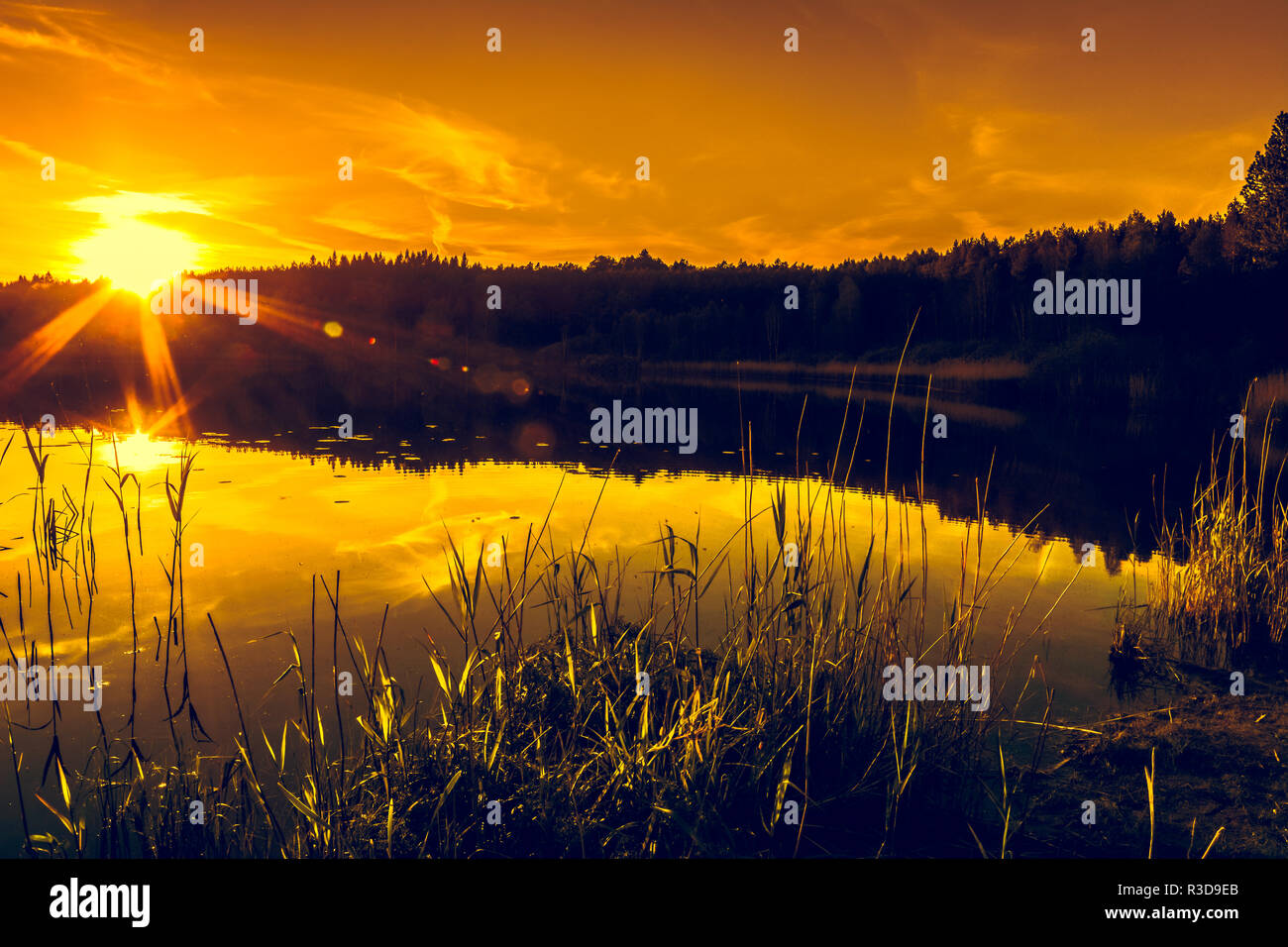 Nature landscape with sunset sky and sun reflection in the water of ...