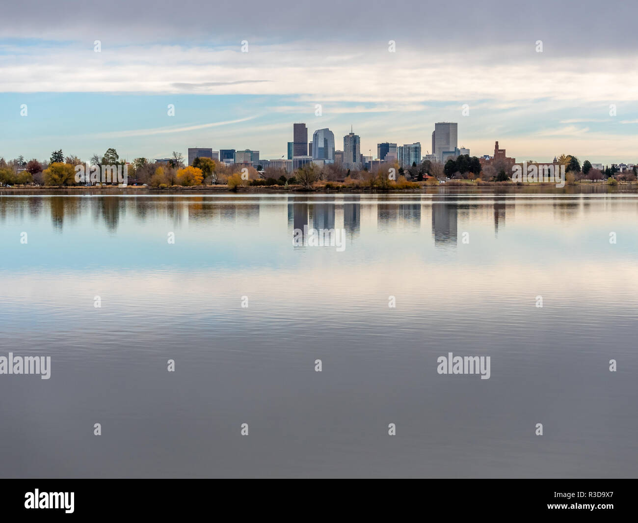 Downtown Denver Skyline Reflected on Park Water on a Cloudy Fall Day ...