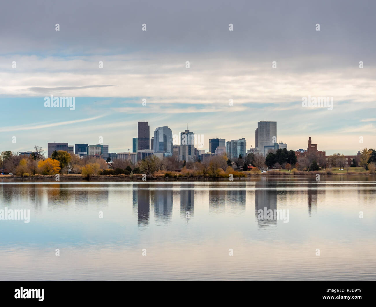 Denver Skyline Reflected in the Water During Dusk on Fall Season Stock ...