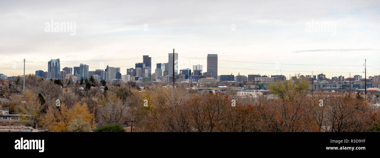 Wide Angle Panoramic View of the Denver Downtown Buildings From Park ...