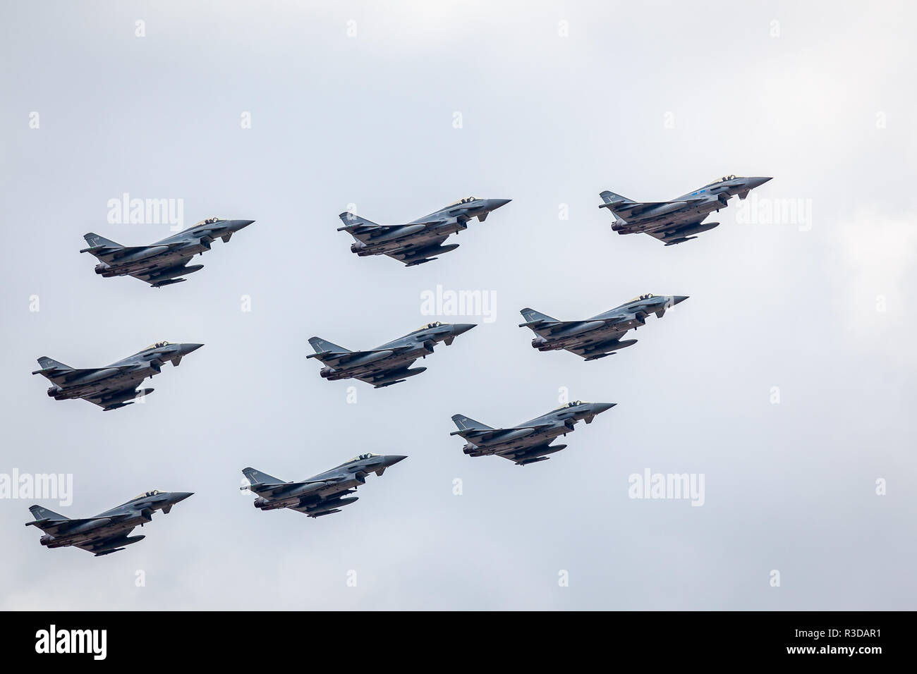 Nine Eurofighter Typhoon FGR4 flypast at RIAT Fairford 2018 Stock Photo ...