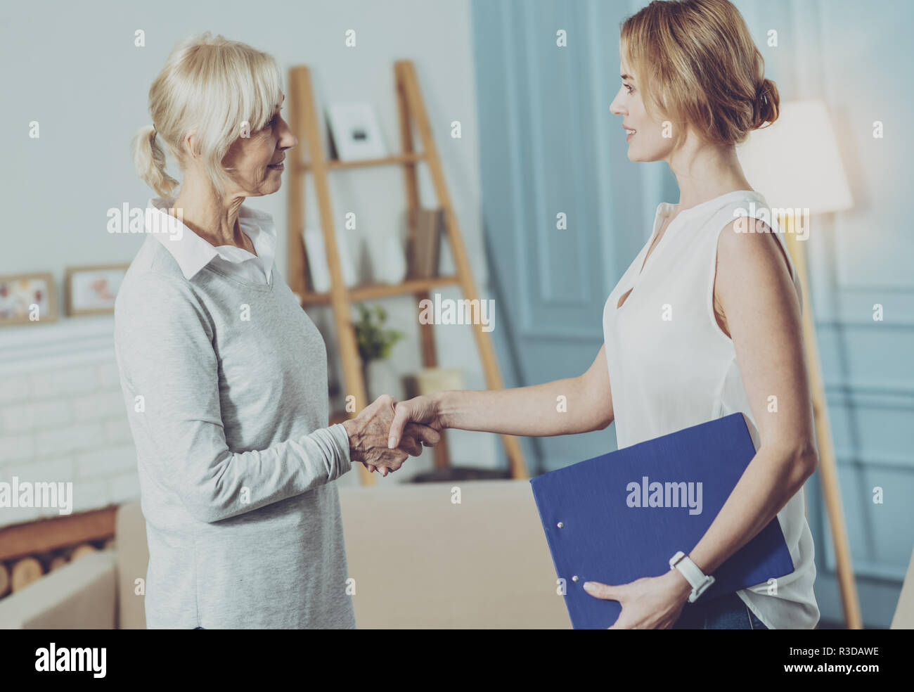 Deal completed. Pleasant social worker shaking hands with her elderly ...