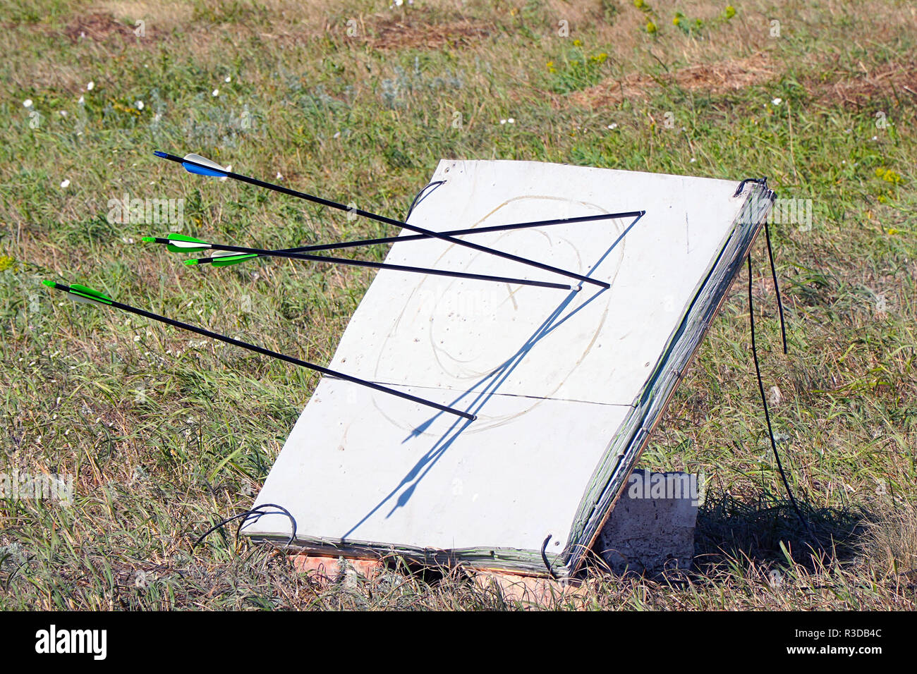 Arrows fired from a bow in a painted target Stock Photo - Alamy