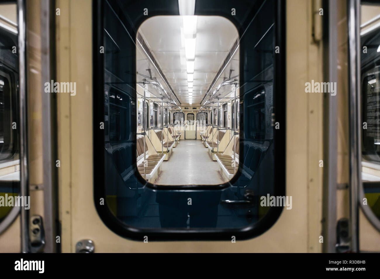 Kyiv metro wagon interior with no people through the window Stock Photo ...