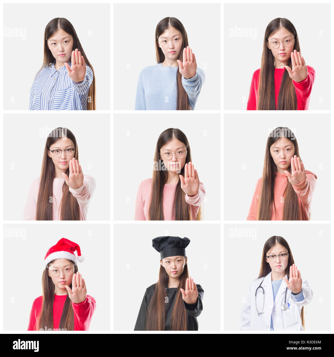 Collage of young doctor, chef asian woman isolated background doing ...