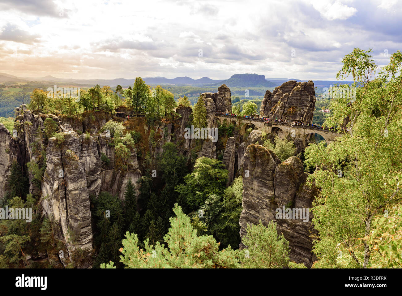 Panorama view on the Bastei bridge. Bastei is famous for the beautiful ...