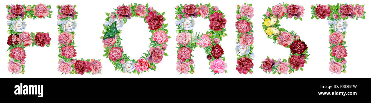 Word FLORIST of watercolor flowers, isolated hand drawn on a white ...