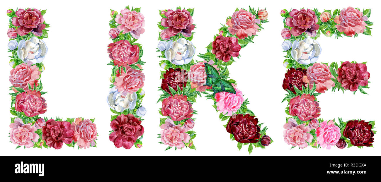 Word LIKE of watercolor flowers, isolated hand drawn on a white ...