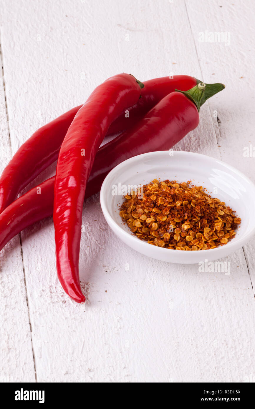 fresh pepperoni and chilli with chili powder as closeup Stock Photo - Alamy