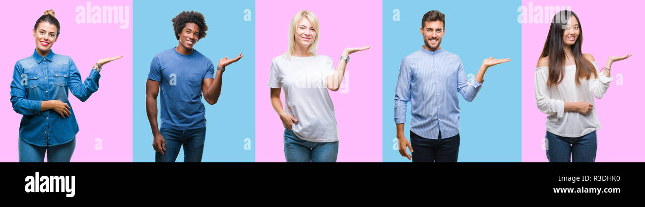 Collage of group of young casual people over colorful isolated ...