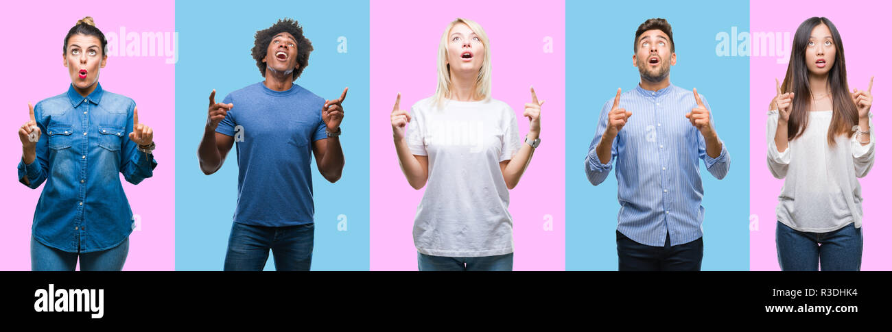 Collage of group of young casual people over colorful isolated ...
