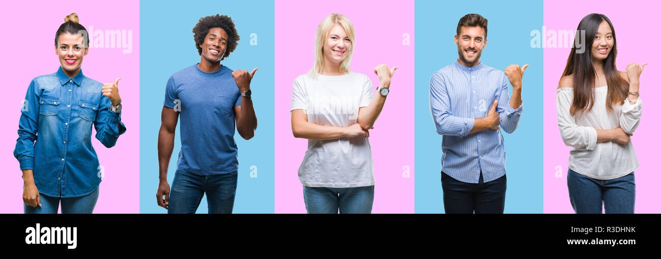 Collage of group of young casual people over colorful isolated ...